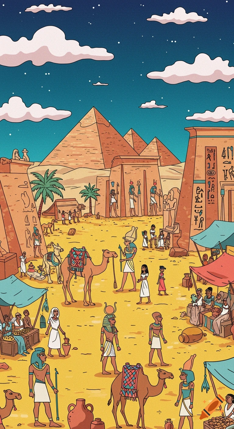 Cartoon drawing of an ancient Egyptian market scene with pyramids ...