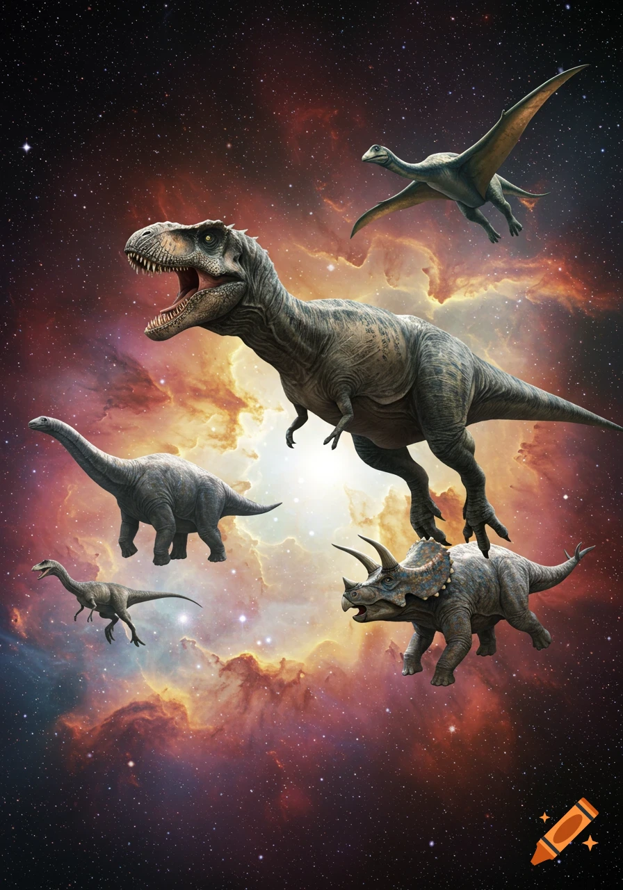 Dinosaurs floating in outer space with nebulae and stars. on Craiyon