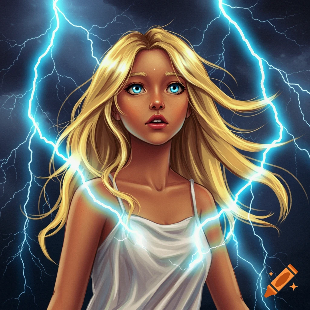 Illustrative portrait of a young woman with blonde hair and blue eyes ...