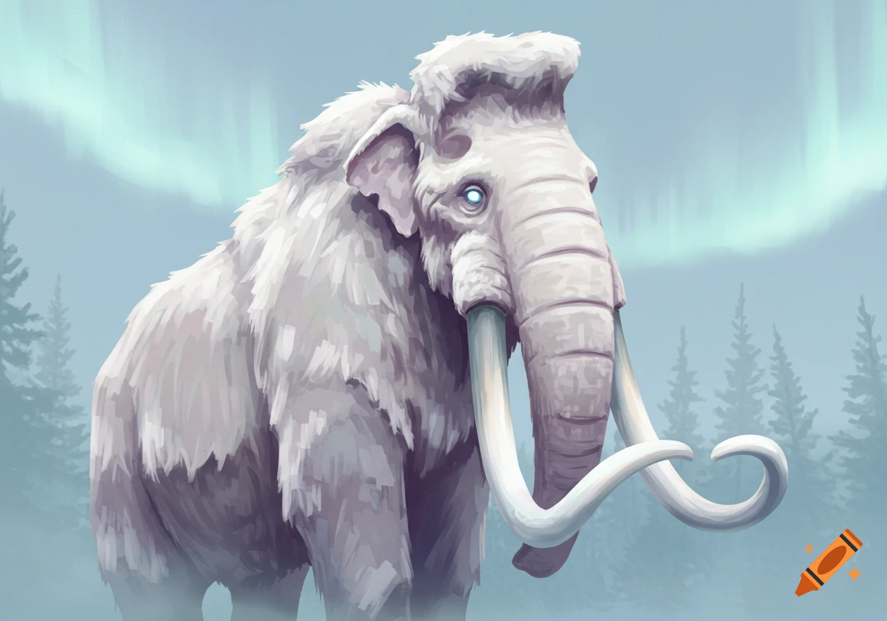 A white woolly mammoth stands in a misty arctic forest with pine trees ...