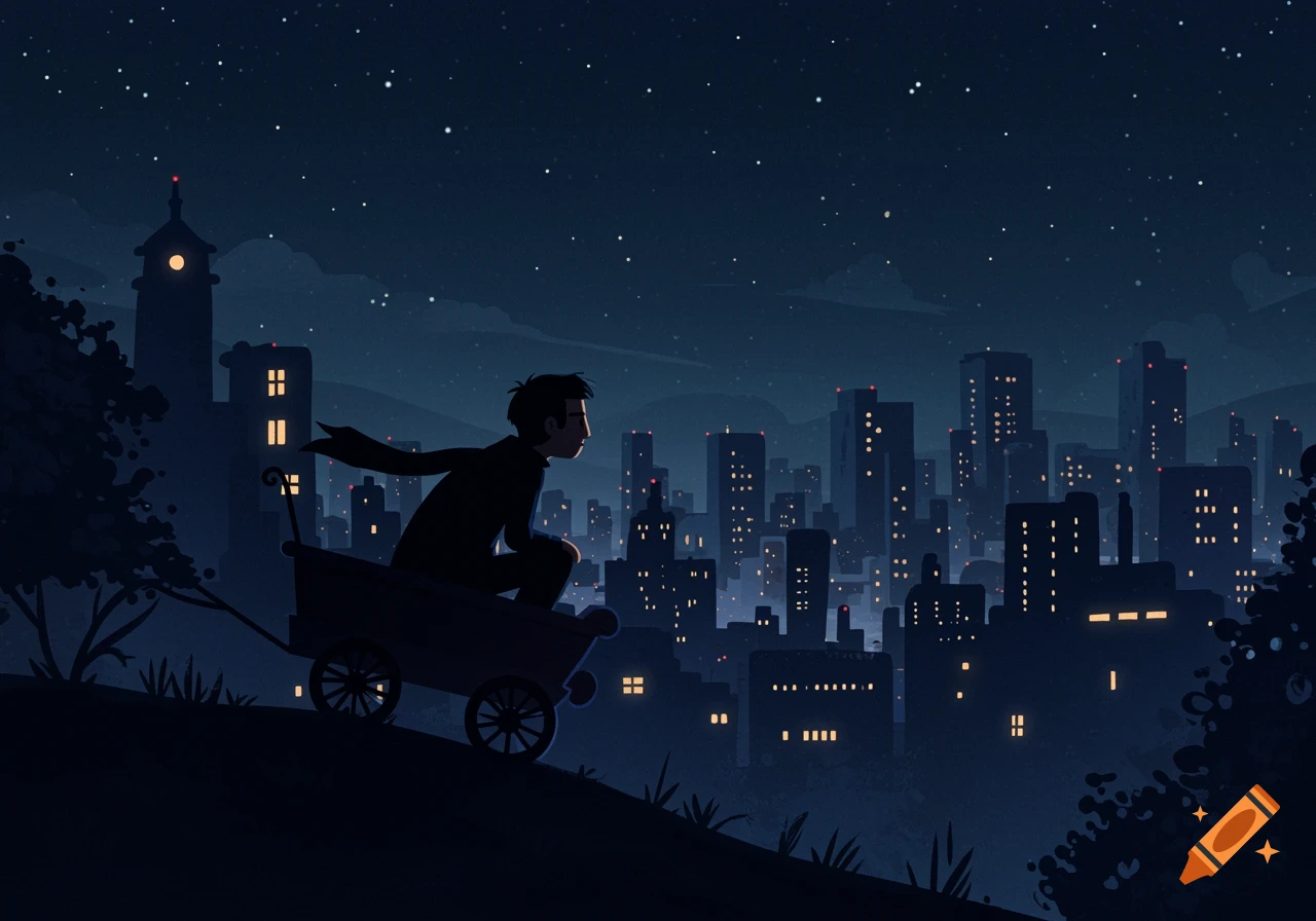 Cartoon illustration of a person in a cart on a hill overlooking a city ...