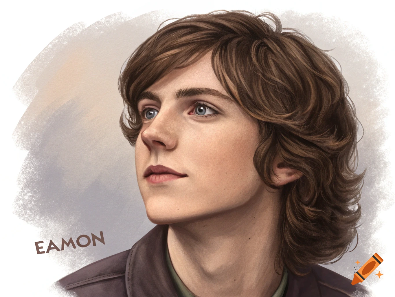 Painted portrait of a young man looking left, with text 'EAMON'. on Craiyon