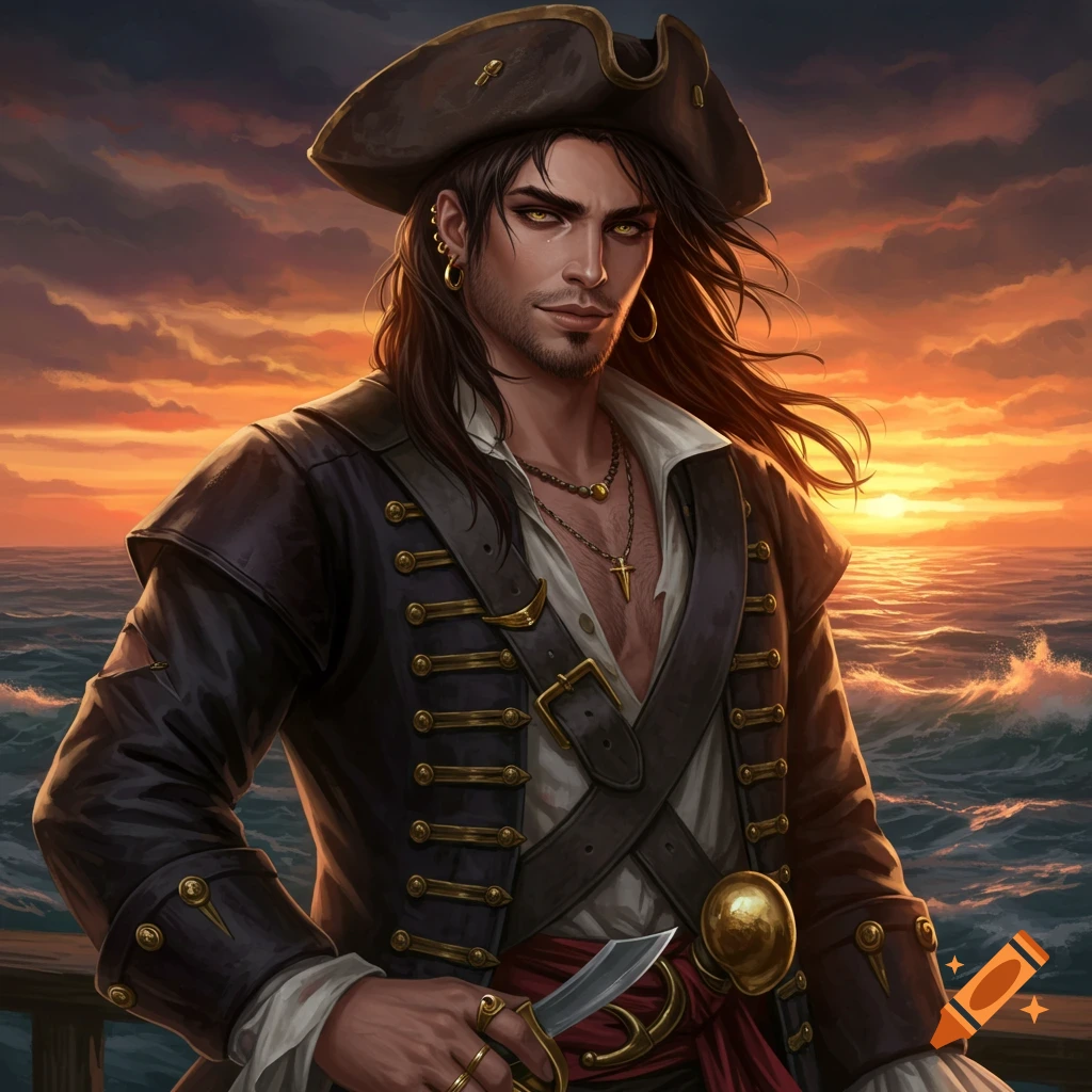 A handsome pirate stands on a ship deck at sunset, holding a knife ...