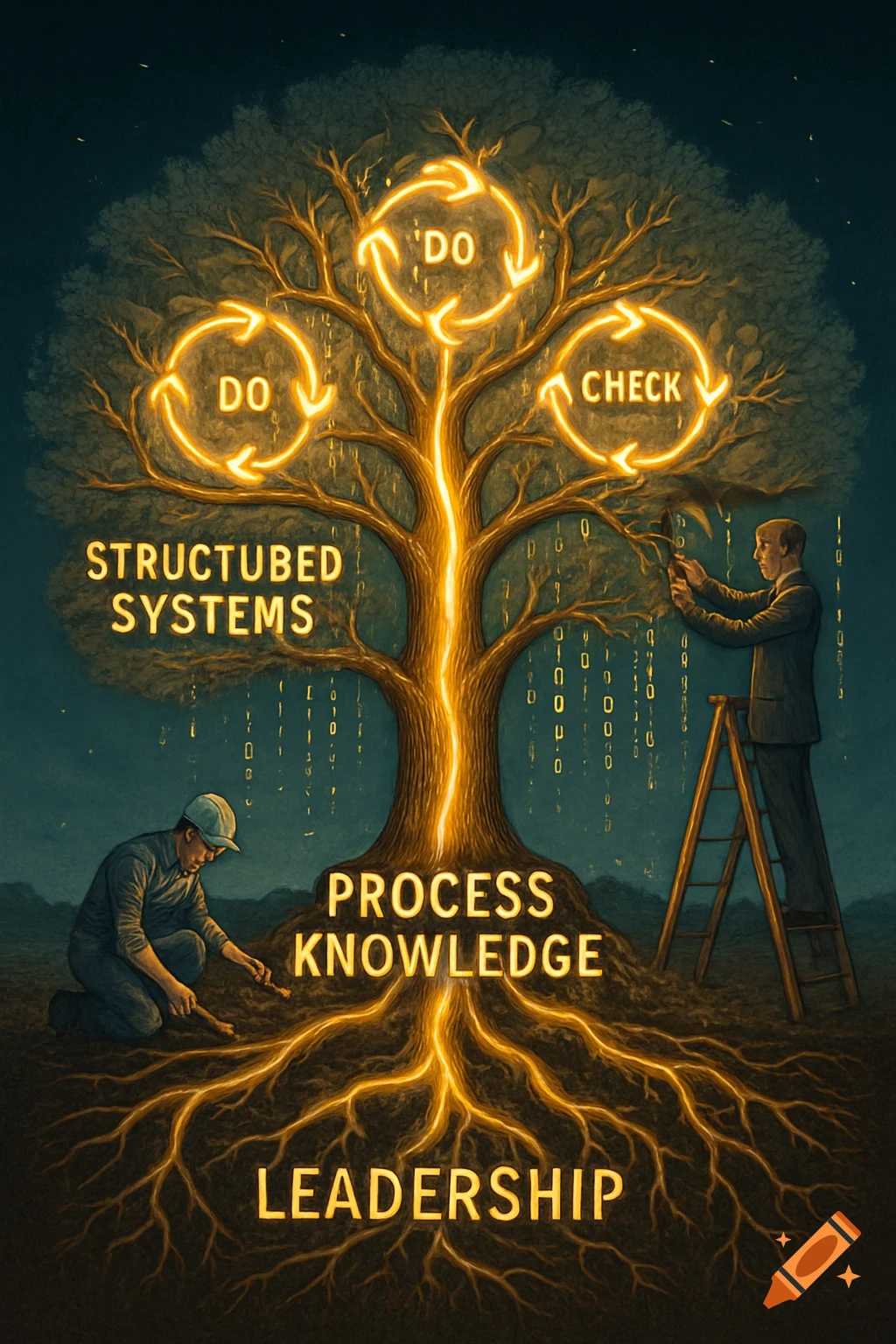 Glowing tree allegory with Leadership roots, Process Knowledge trunk ...