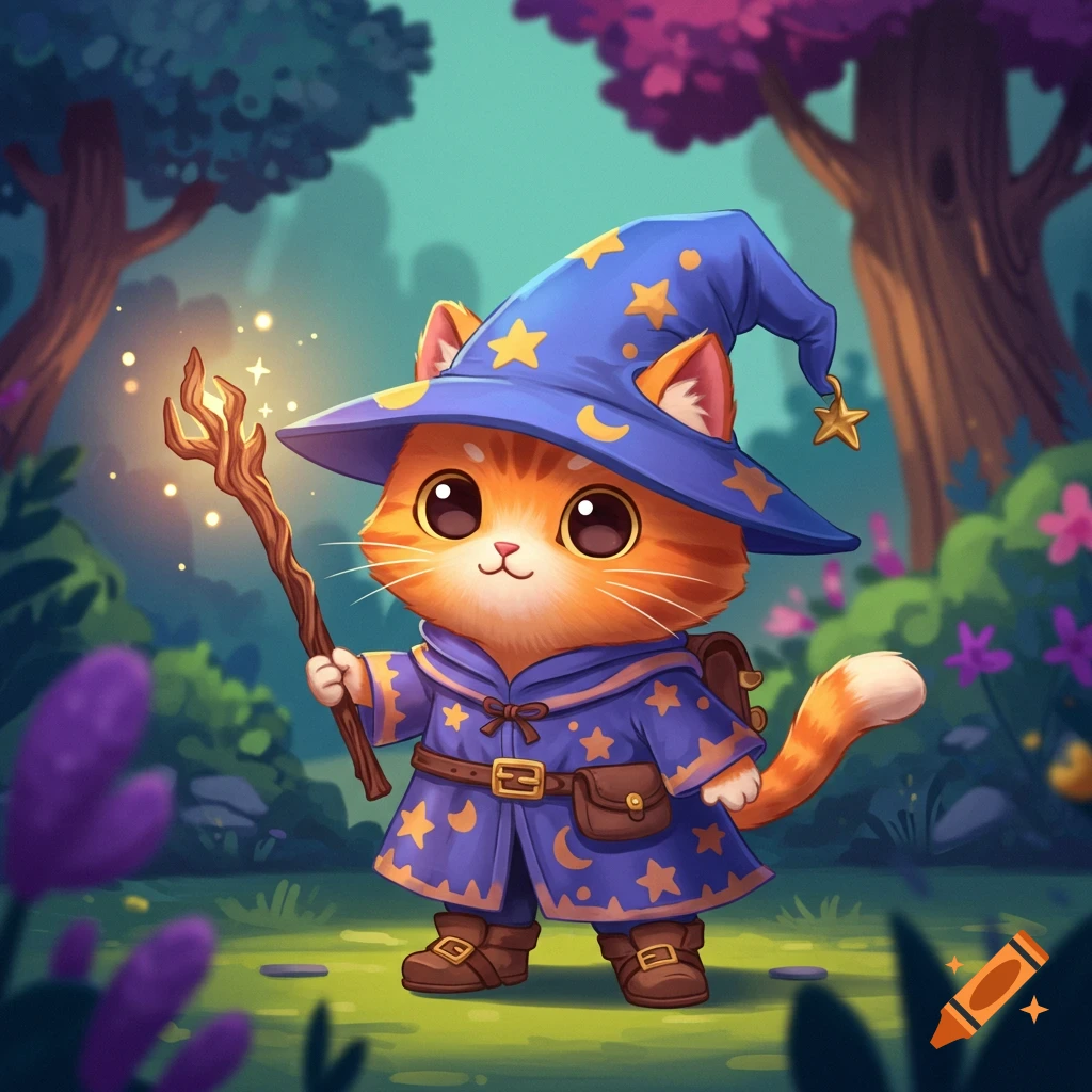 A cute orange cat dressed as a wizard, holding a glowing staff in a ...
