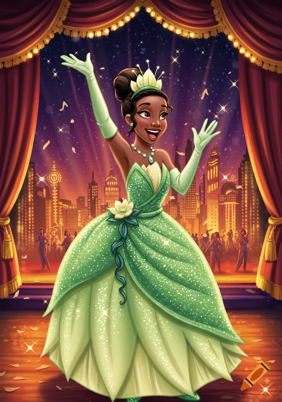 Animated character resembling Princess Tiana on a stage in a sparkly ...