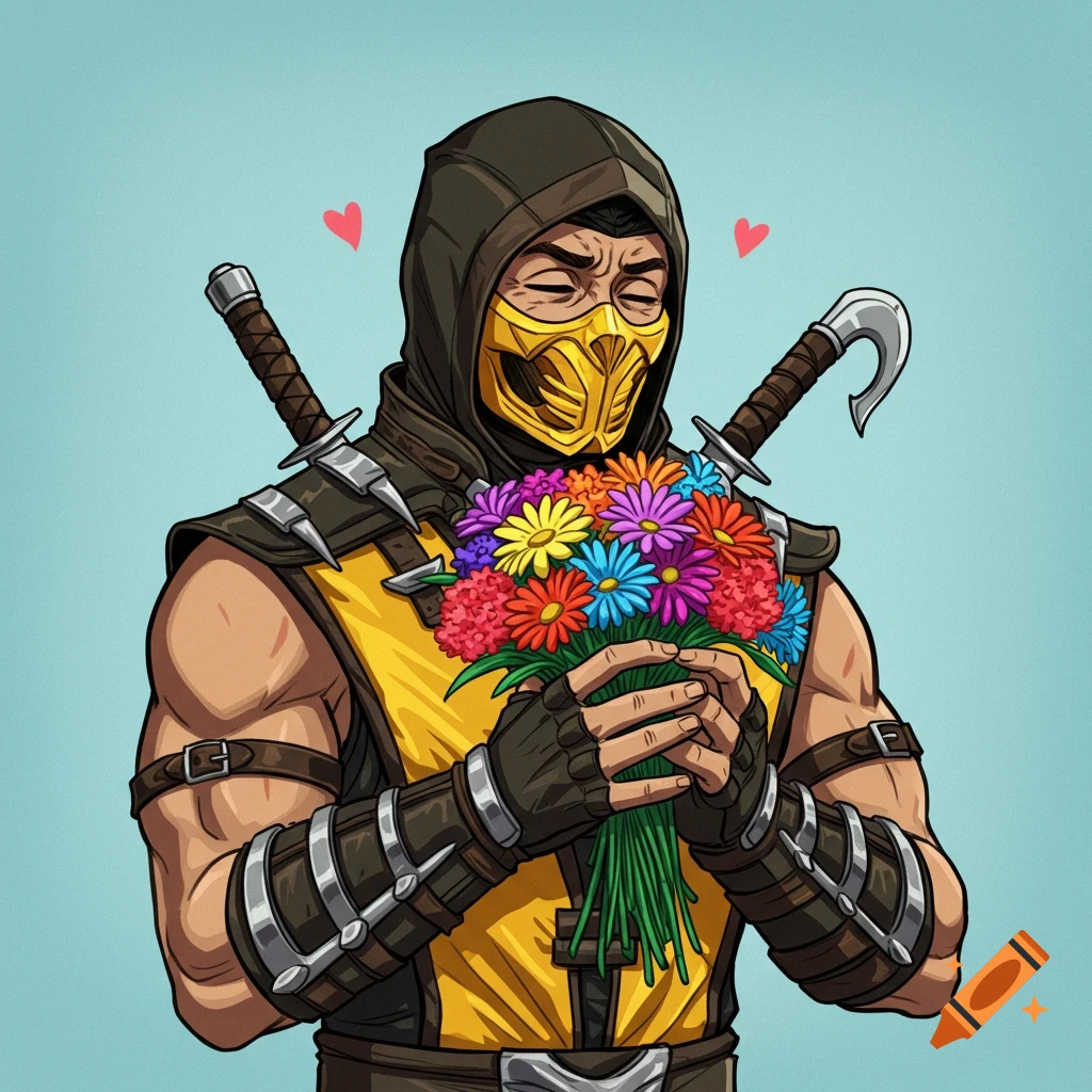 Cartoon illustration of Scorpion from Mortal Kombat holding a bouquet ...