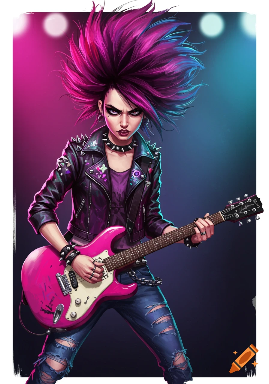 Stylized portrait of a punk rock girl with pink hair playing an ...