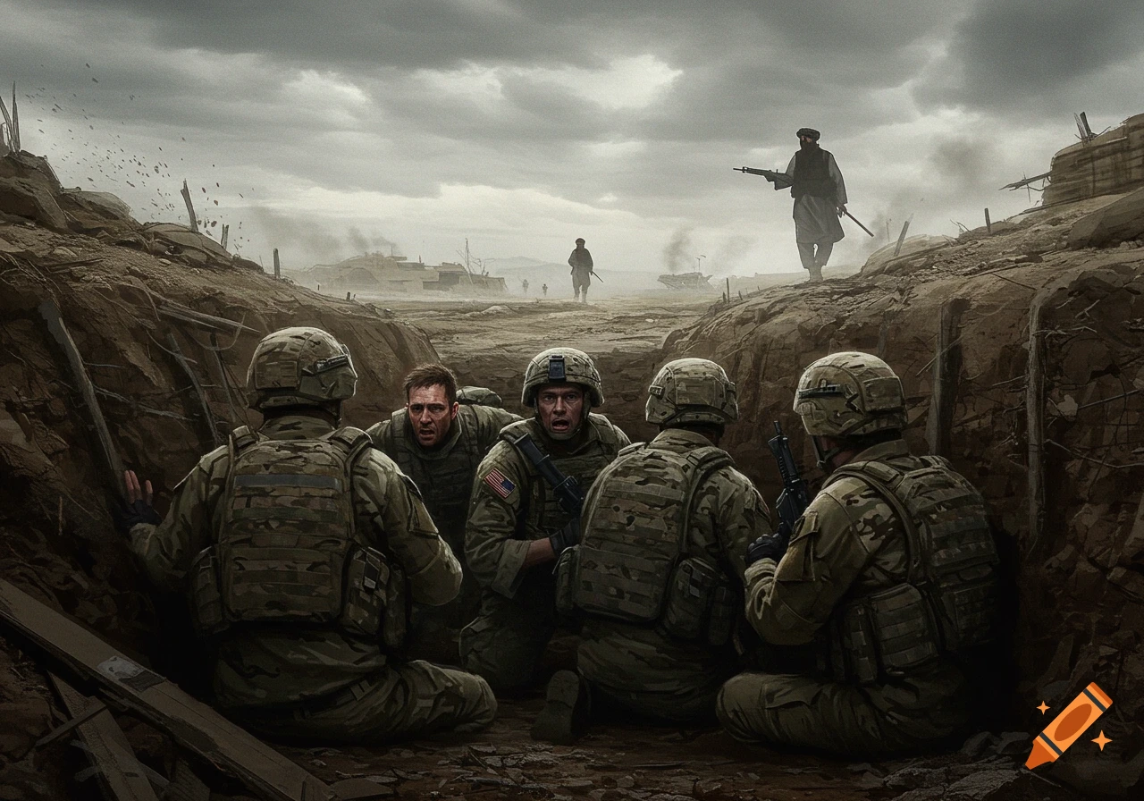 American soldiers in a trench look up fearfully at an enemy figure in a ...