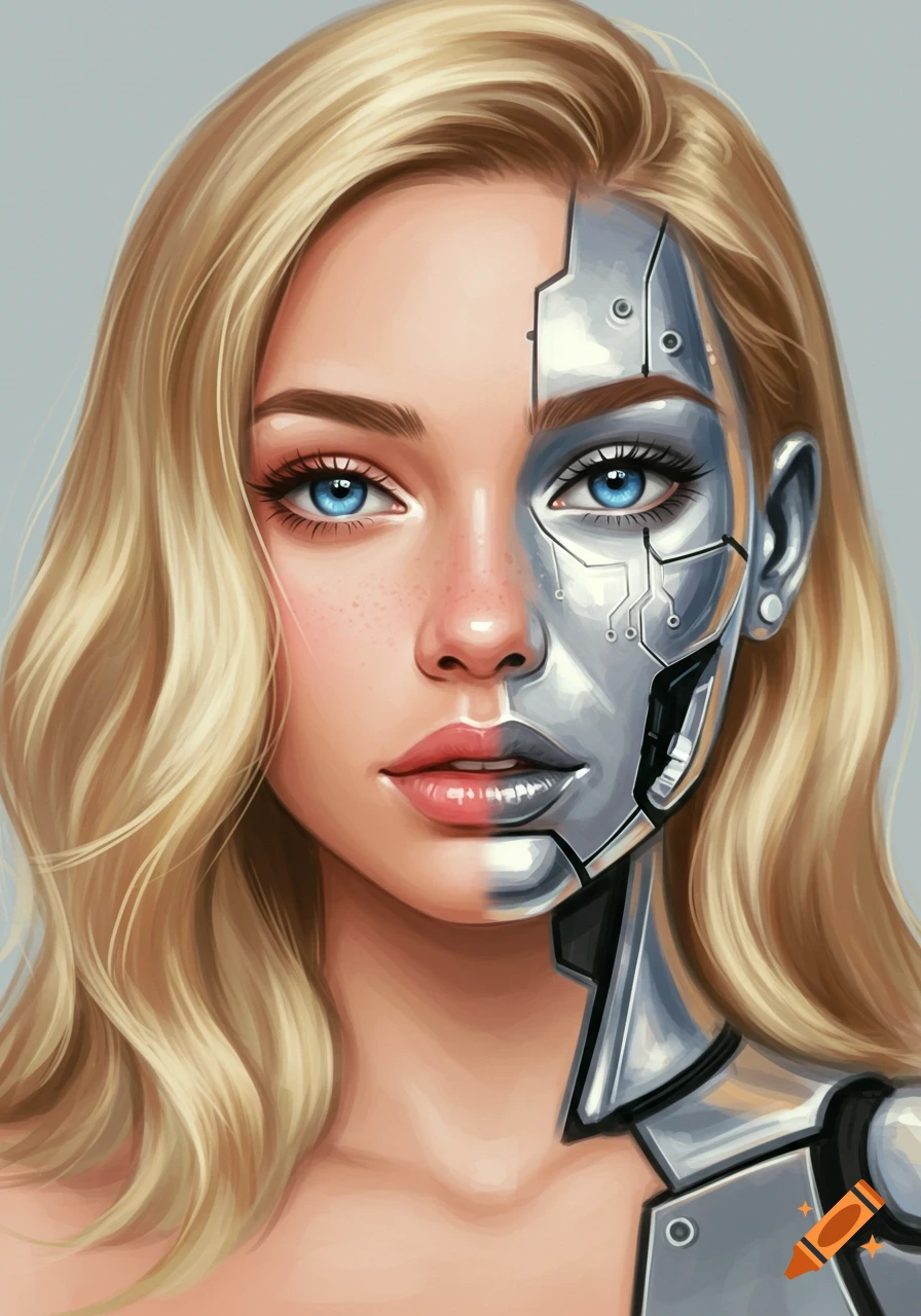 Portrait of a half-human, half-robot woman with blonde hair and blue ...