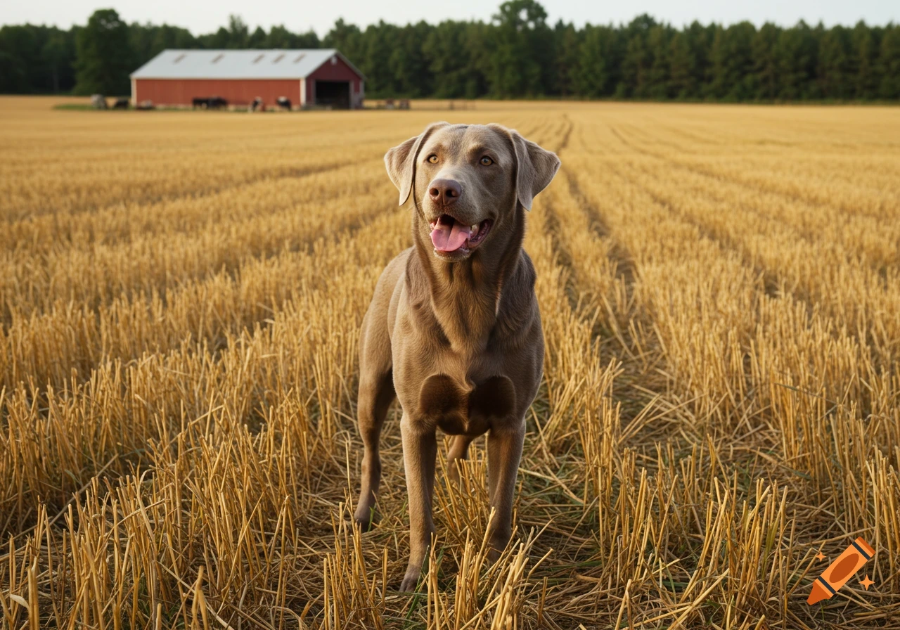 A silver Labrador stands in a field of straw stubble with a red barn in the background. on Craiyon