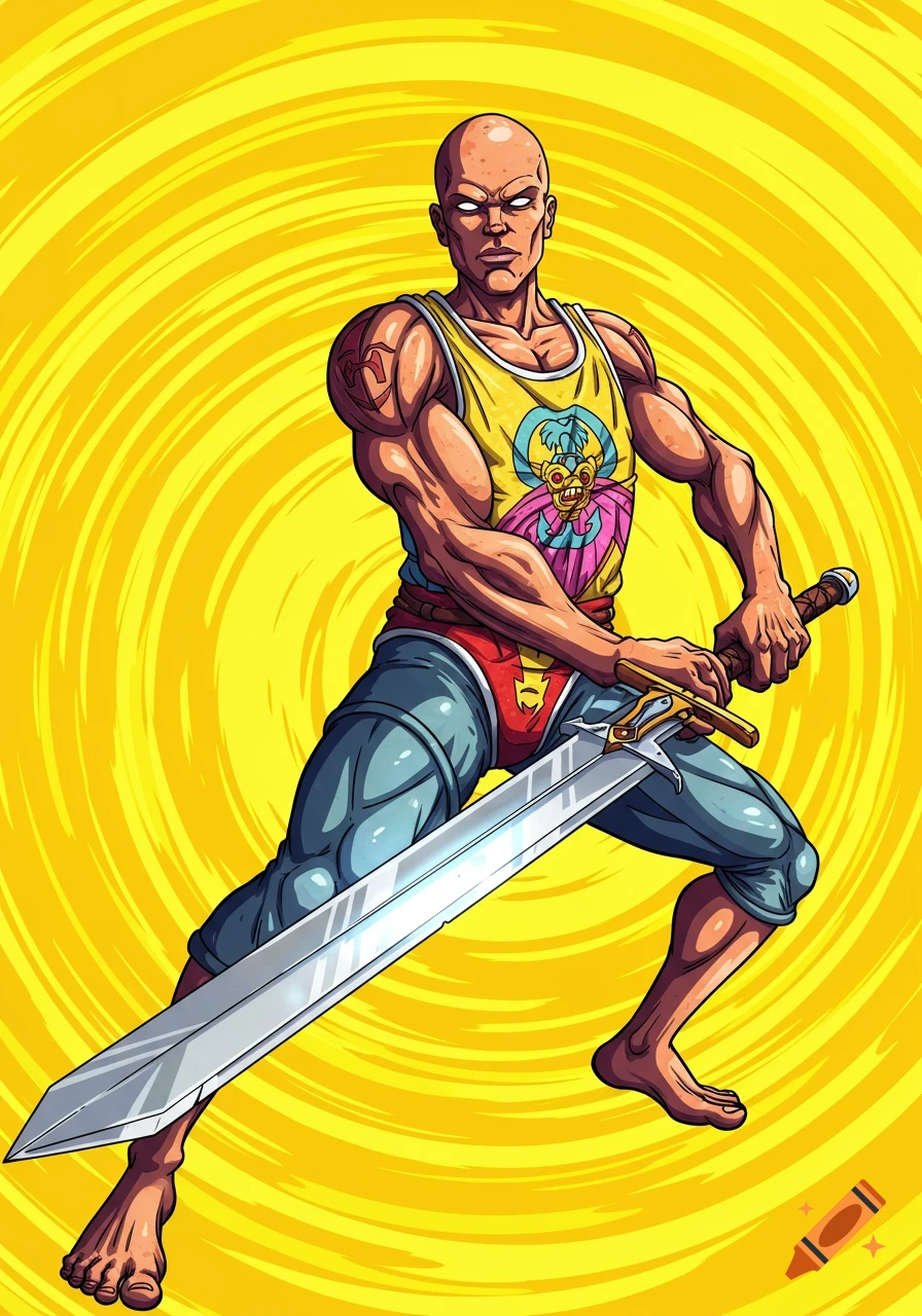 A bald muscular man holding a large sword, illustrated in a vibrant ...