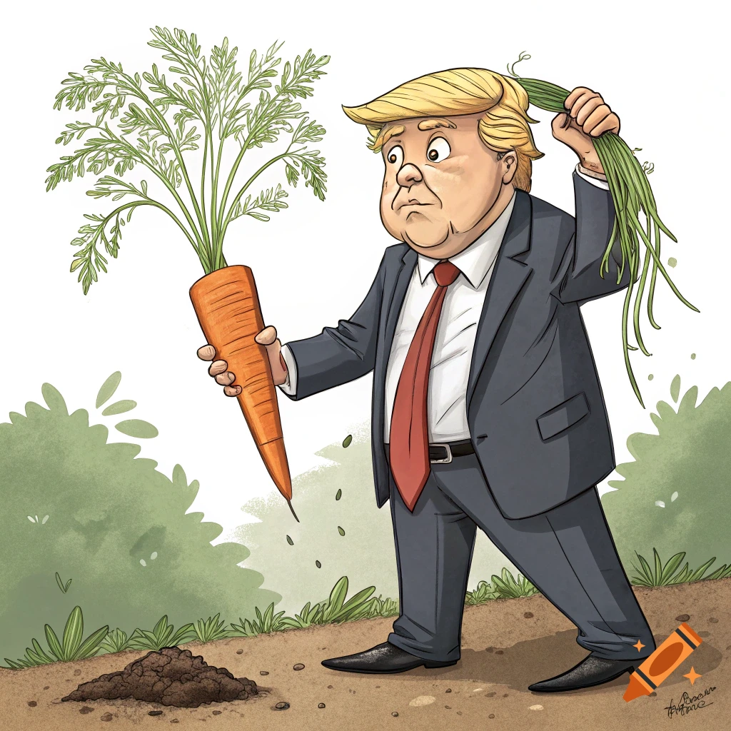 Cartoon caricature of Donald Trump holding a large carrot and pulling ...