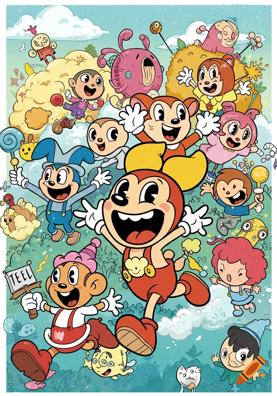 A busy cartoon scene with many happy characters in a whimsical ...