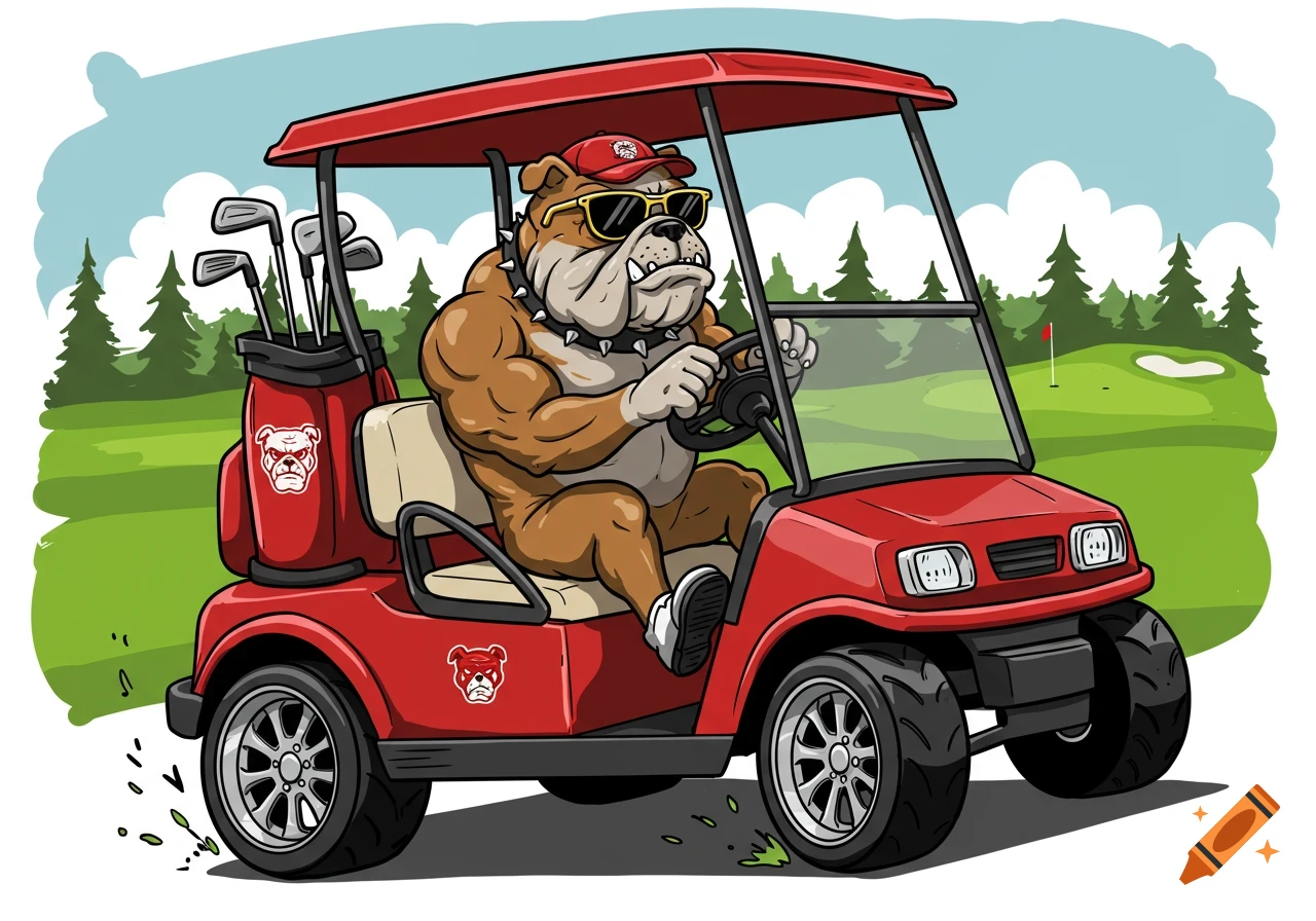 Cartoon bulldog with sunglasses and hat driving a red golf cart on a ...