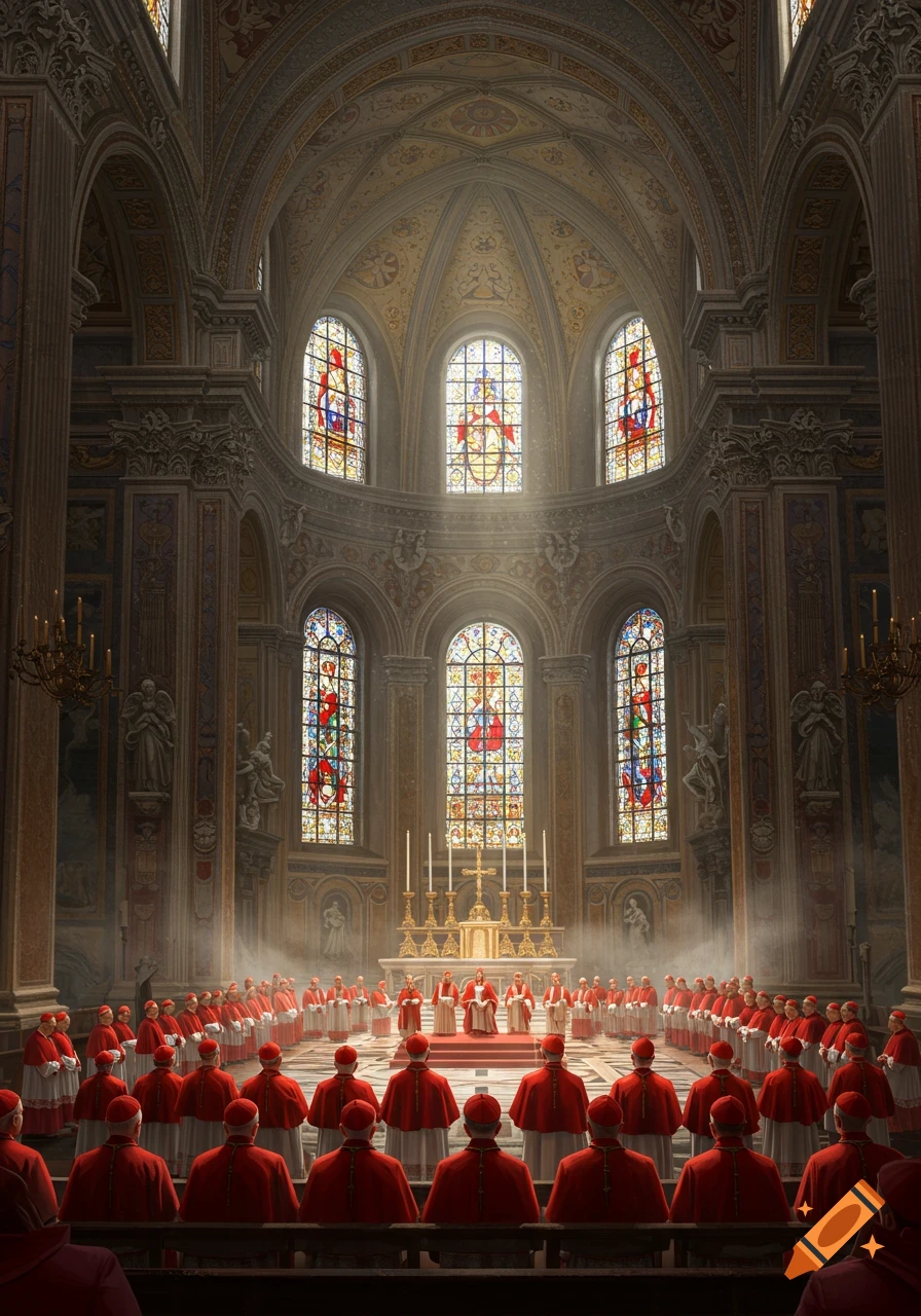 Figures in red robes gathered for a ceremony in a grand, ornate church ...