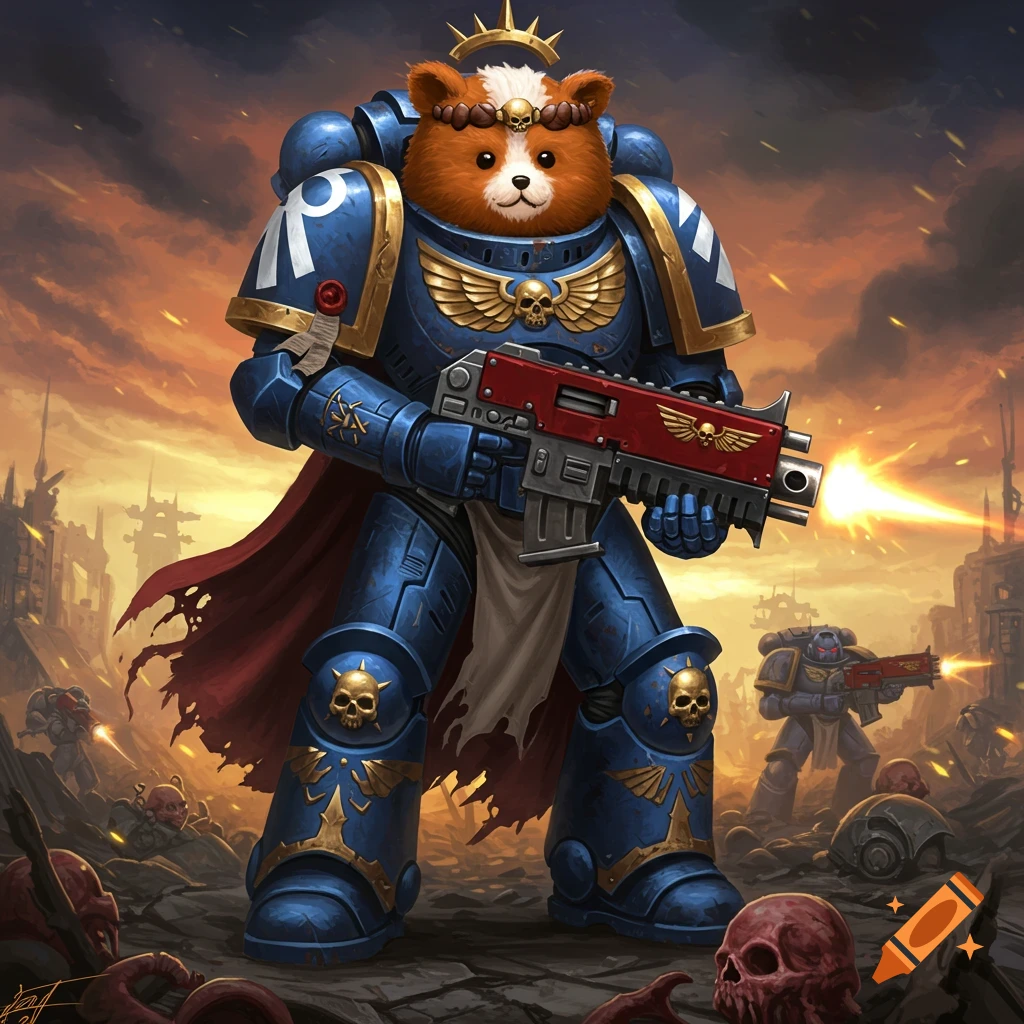 Cute fuzzy character in blue Space Marine armor stands on a battlefield ...