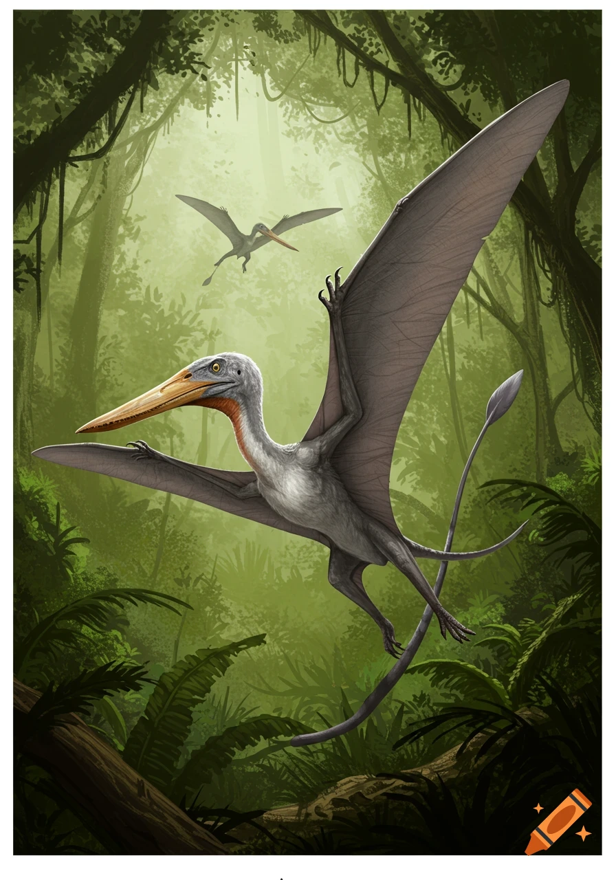 Two Dimorphodon pterodactyls fly through a lush, misty prehistoric ...