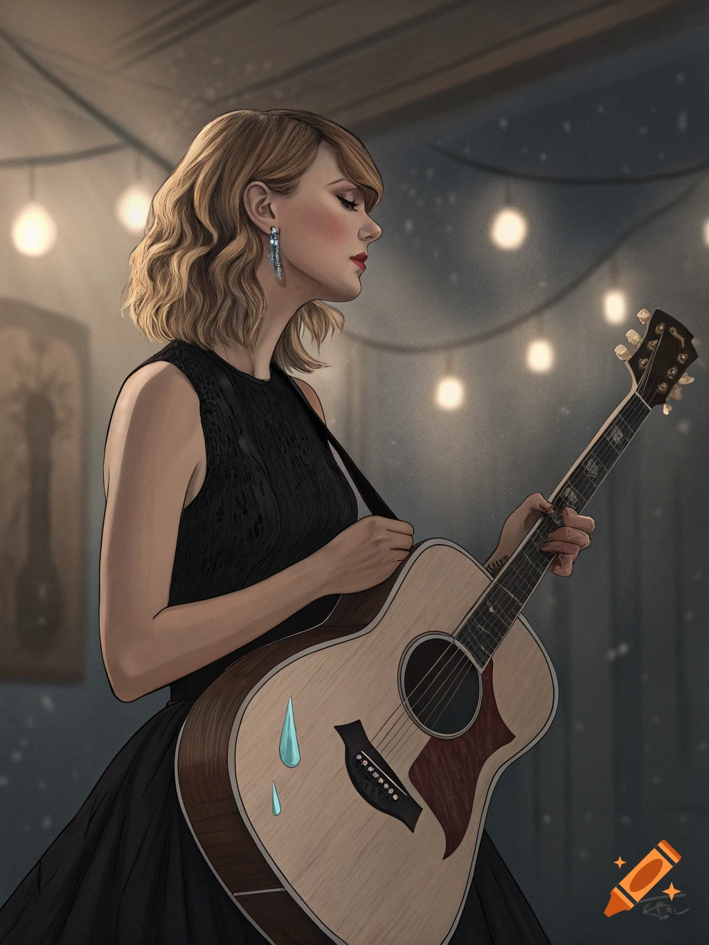 Illustration of Taylor Swift in a black dress holding a guitar with ...
