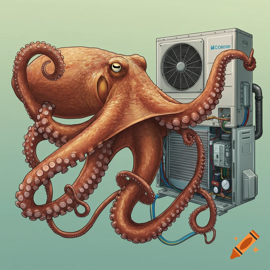 An octopus wrapped around an outdoor heat pump unit in an illustration ...