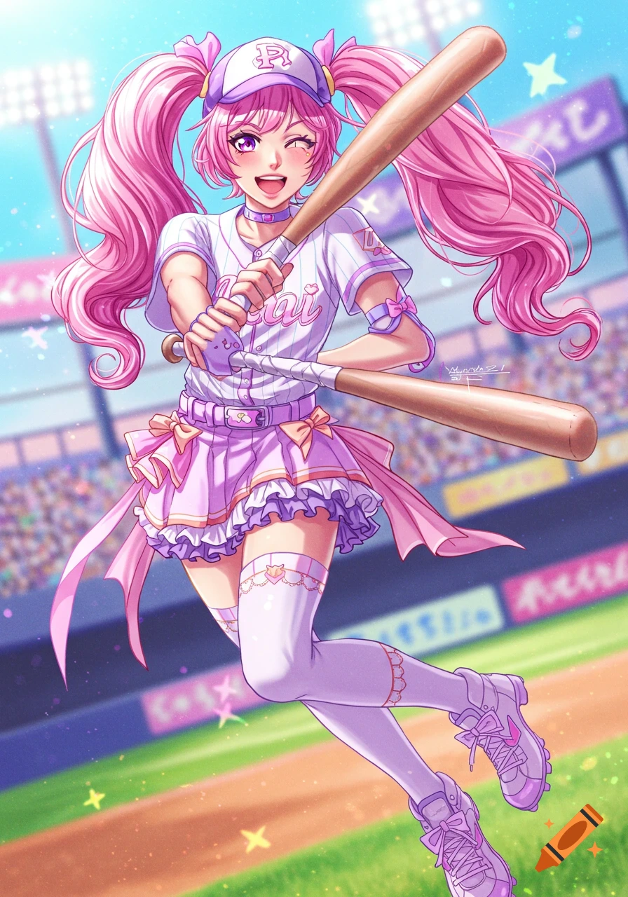 Anime character in pink baseball uniform holding a bat on a field. on ...