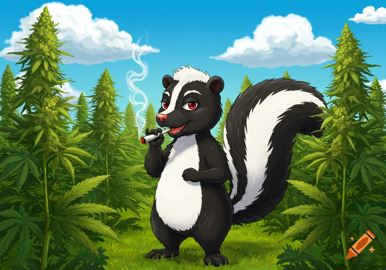 Cartoon skunk smoking a joint in a cannabis field. on Craiyon