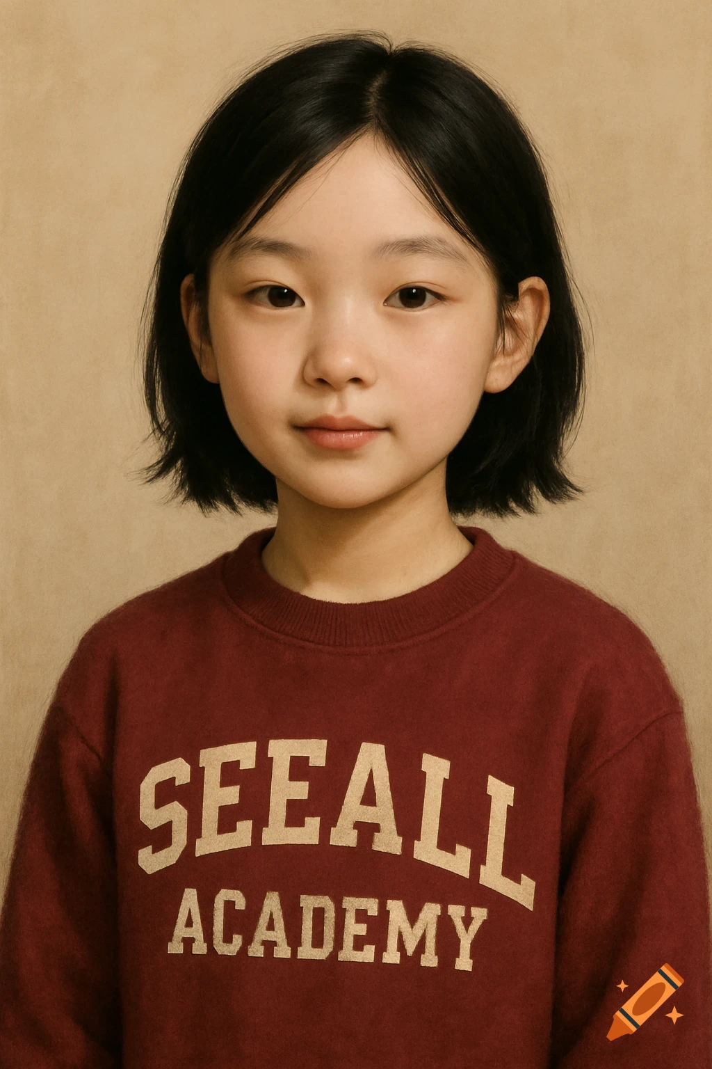 Portrait of a young girl with short black hair wearing a red sweater ...