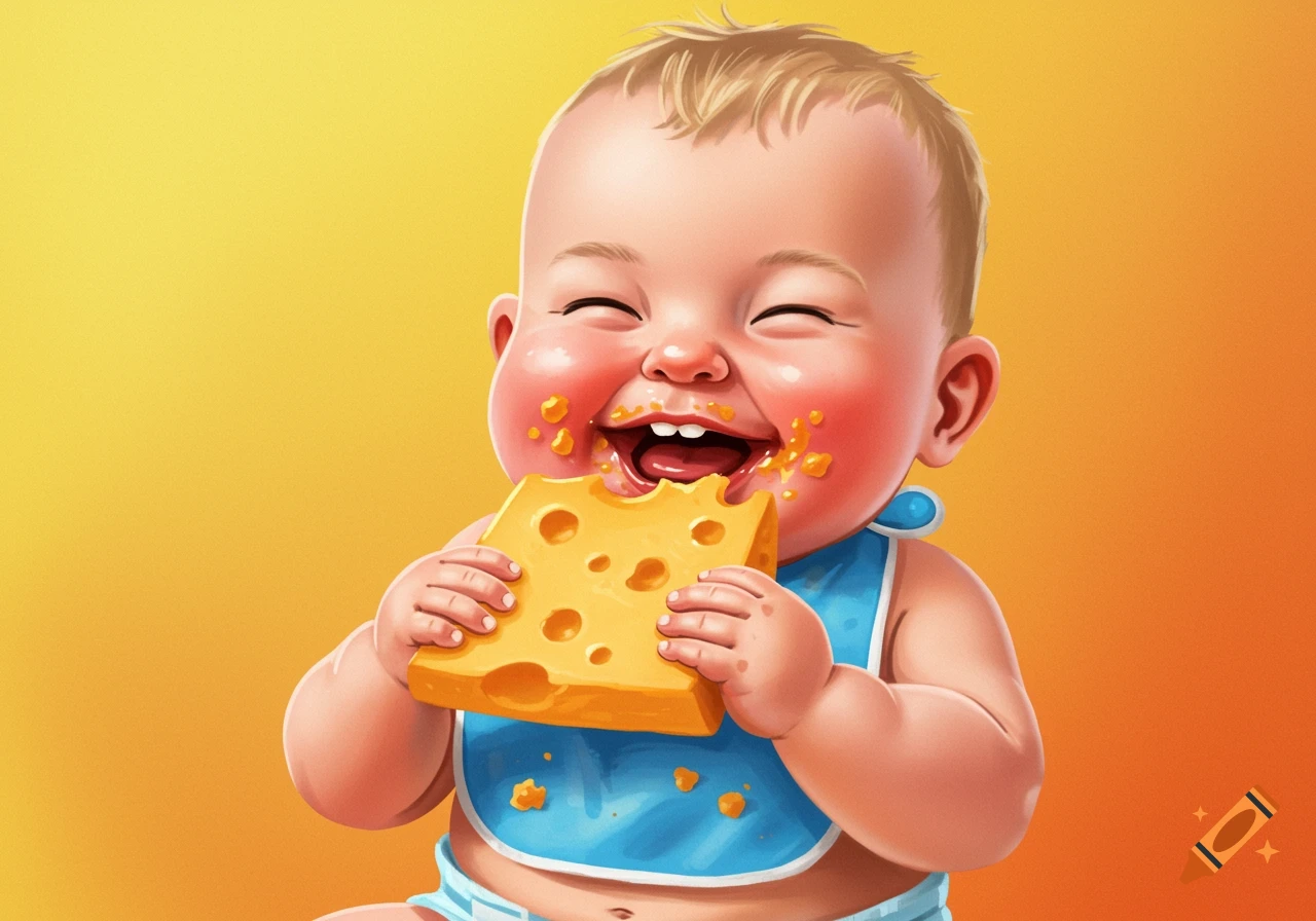 Happy baby eating cheese with messy cheeks, wearing bib and diaper ...