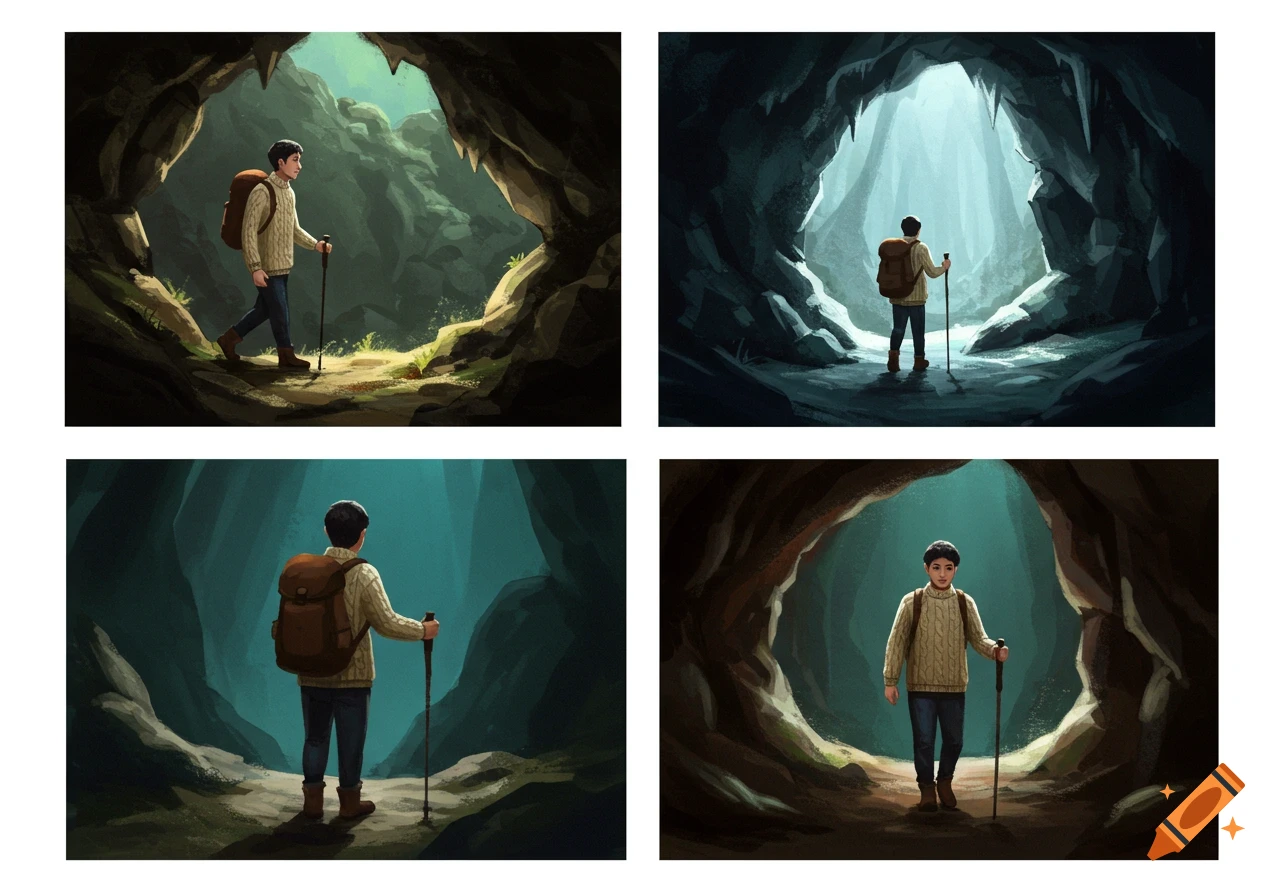 Illustrated scenes of a person with a backpack and hiking stick walking ...