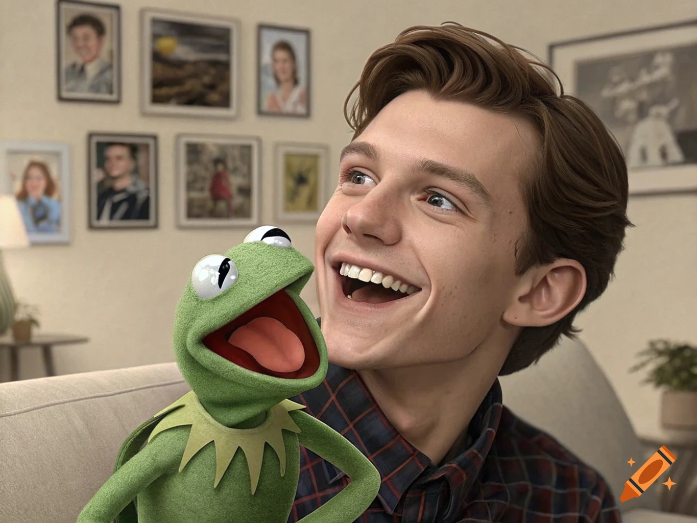 Photorealistic image of Tom Holland and Kermit the Frog laughing side ...