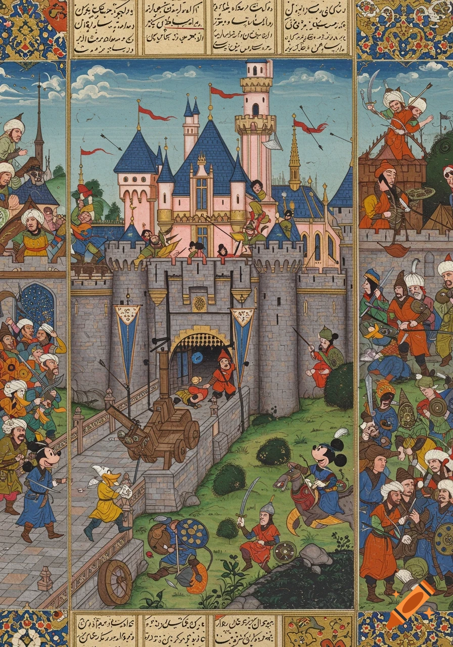 Medieval Persian miniature painting depicting a siege on a castle that ...