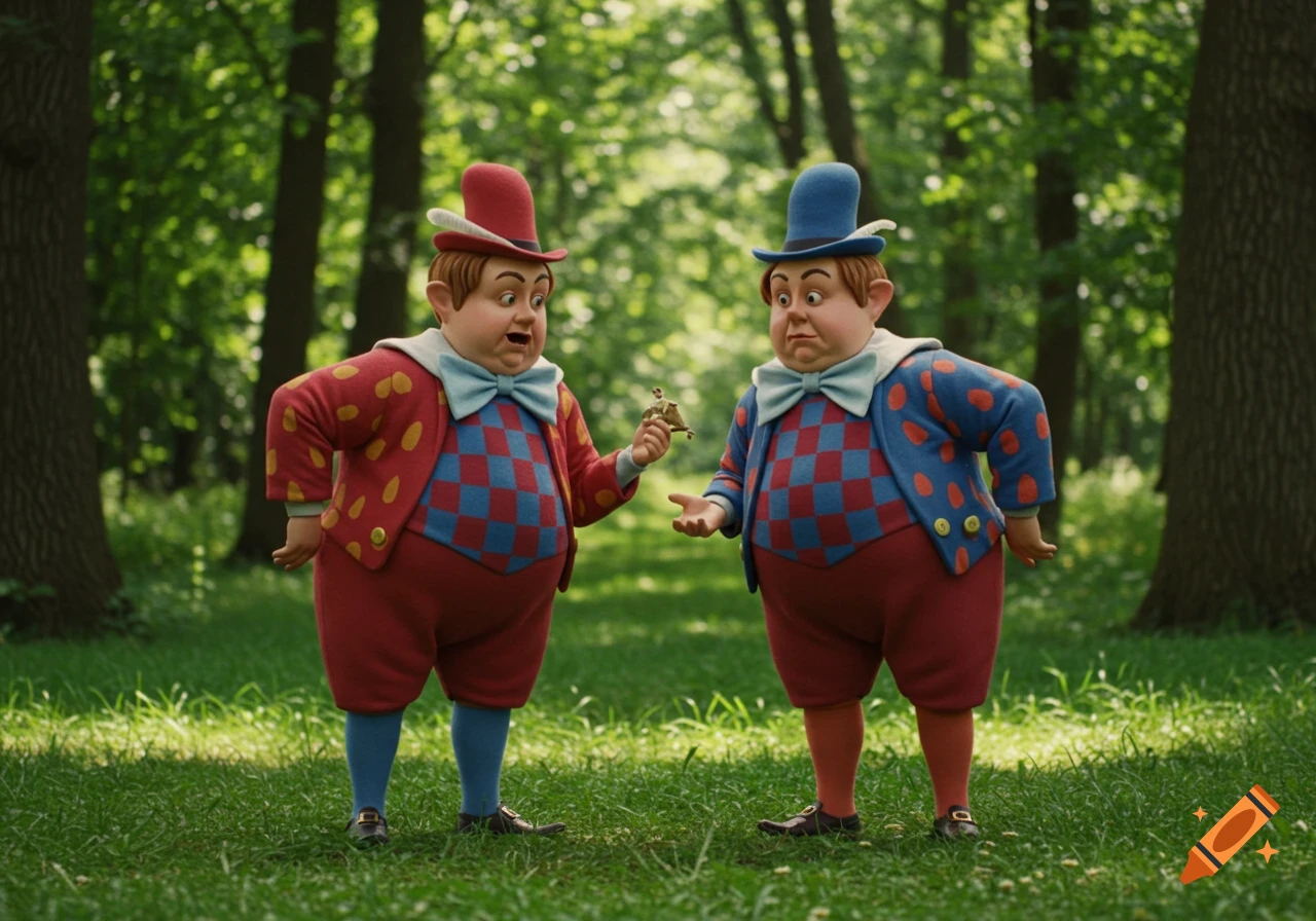 Tweedledee and Tweedledum standing in a forest on Craiyon