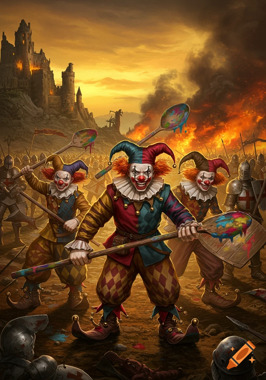 Three scary clowns hold giant spoons like weapons in a medieval battle ...
