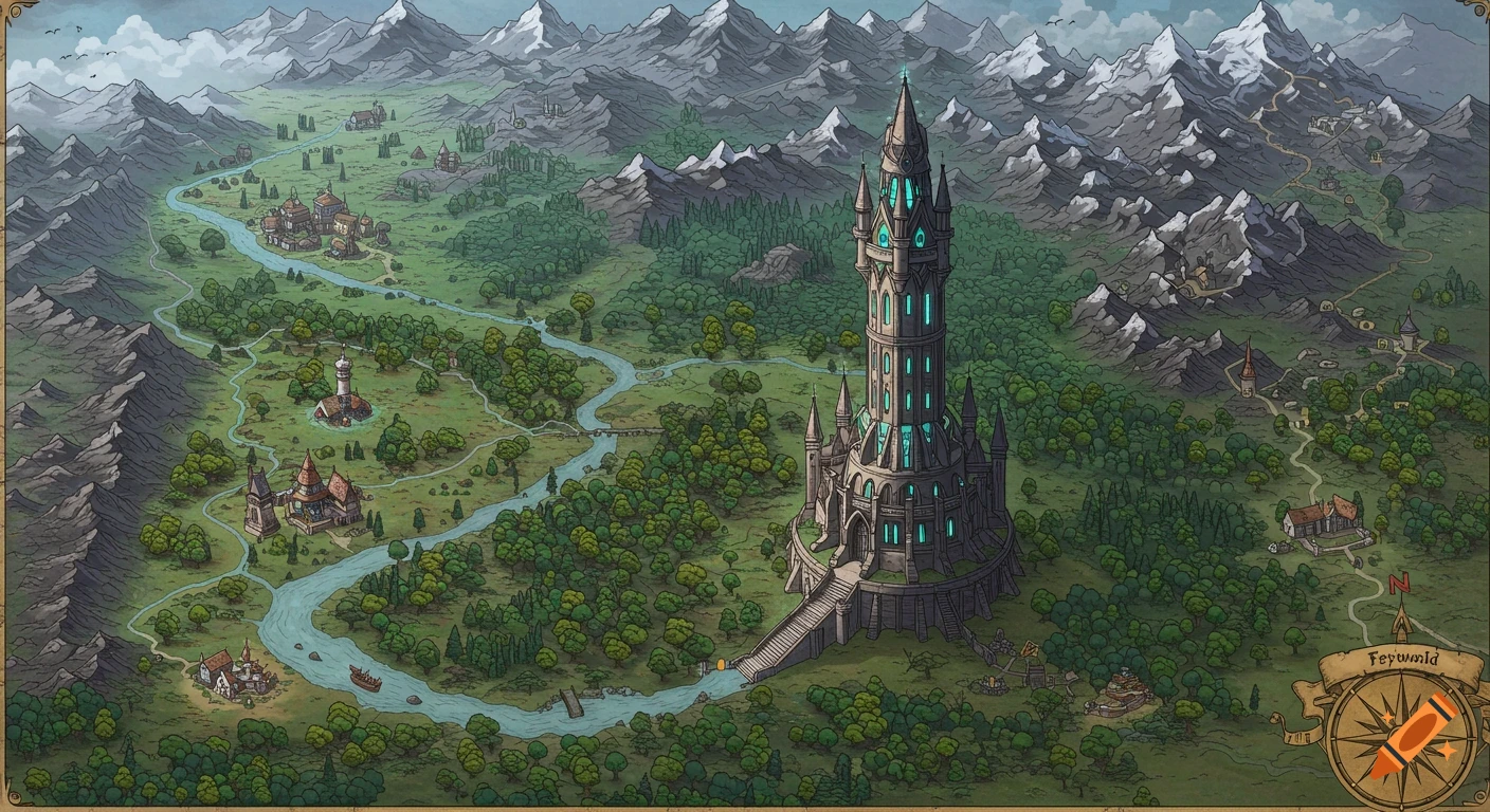 An aerial view fantasy map of a landscape with mountains, forest, river ...