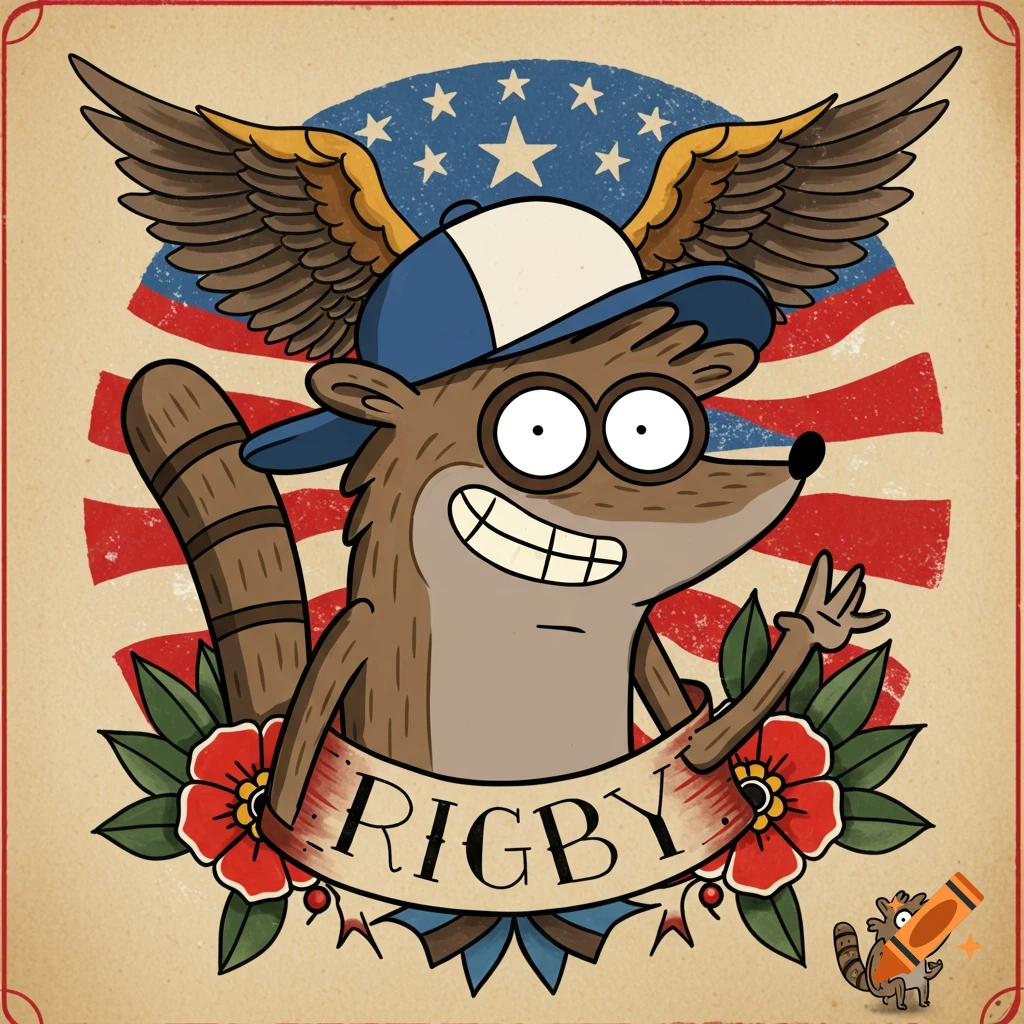 Rigby from Regular Show in American traditional tattoo style with an ...