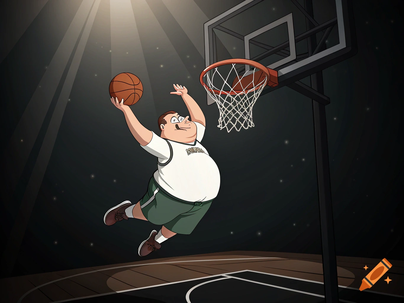 Cartoon character Peter Griffin dunking a basketball in a dark arena ...