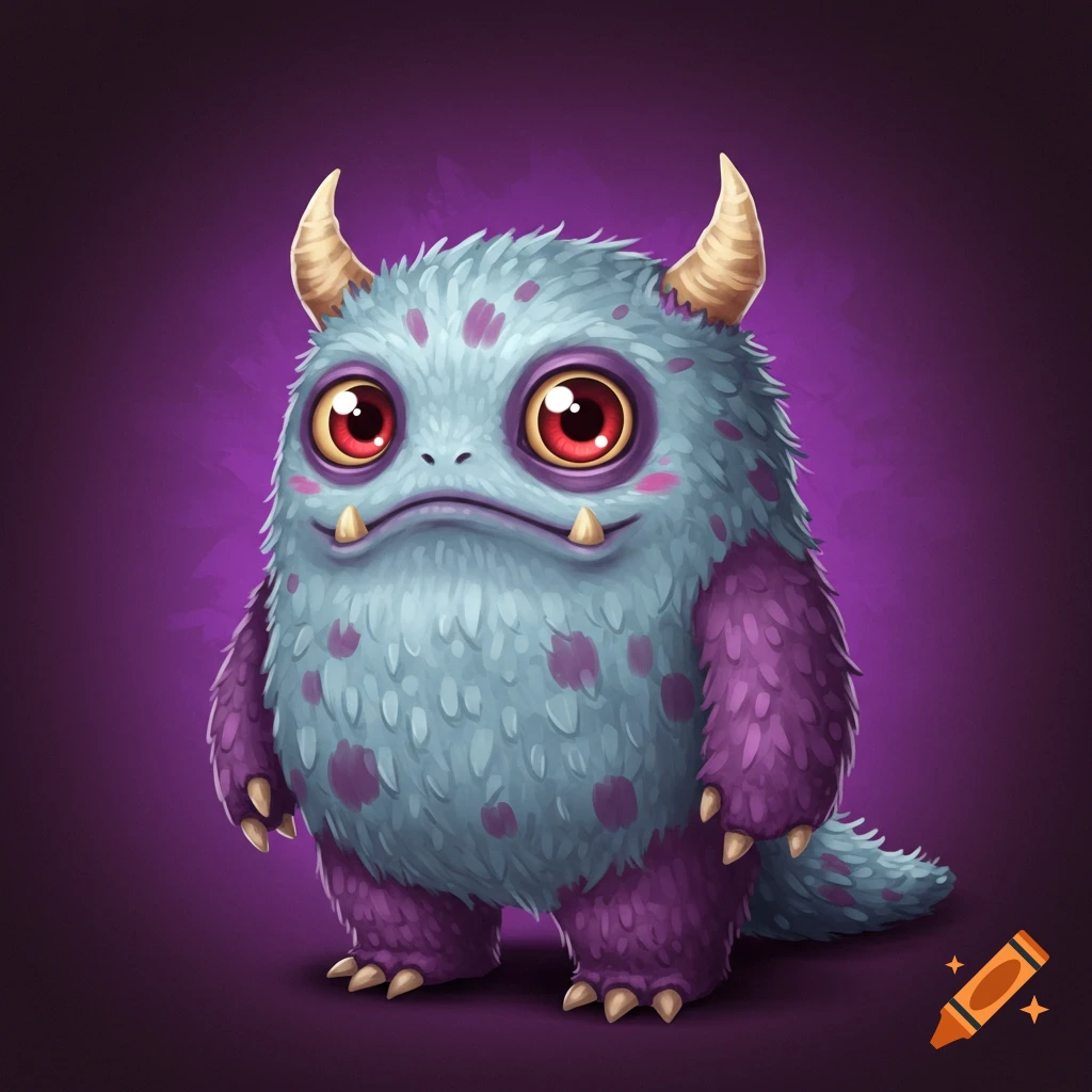 A cute fuzzy monster with blue and purple fur, large red eyes, small ...