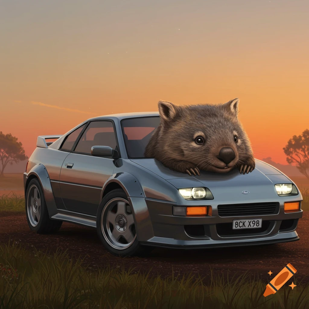 A wombat peeking out of the hood of a grey sports car in a rural ...