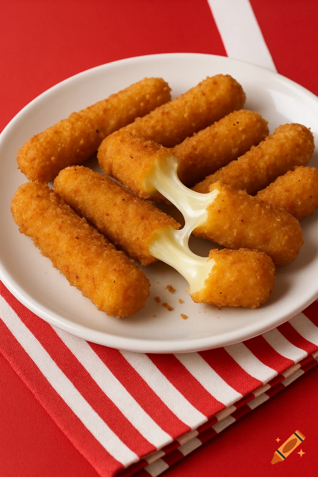 Photorealistic image of mozzarella sticks on a plate with a cheese pull ...