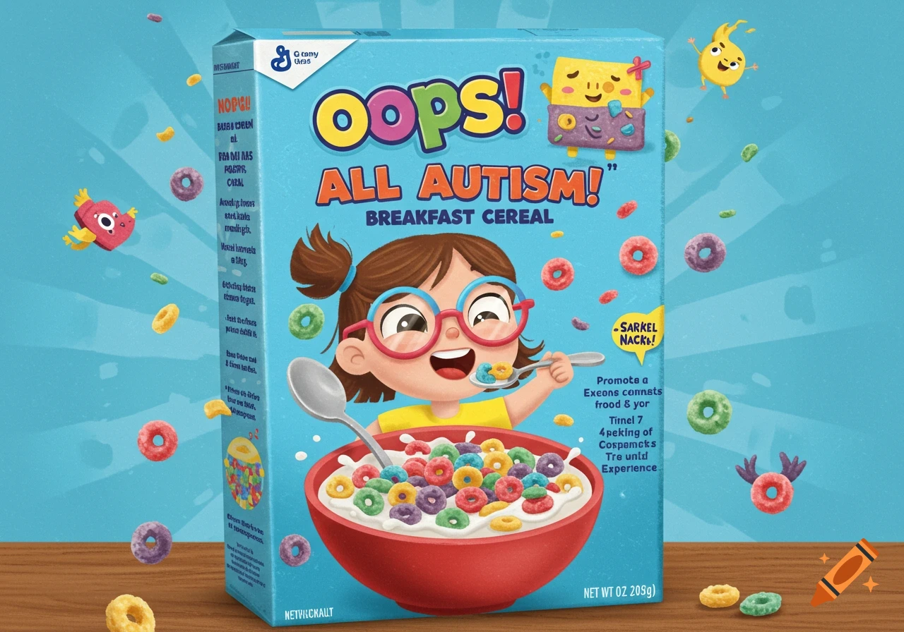 Cartoon illustration of a cereal box titled Oops! All Autism! with a ...