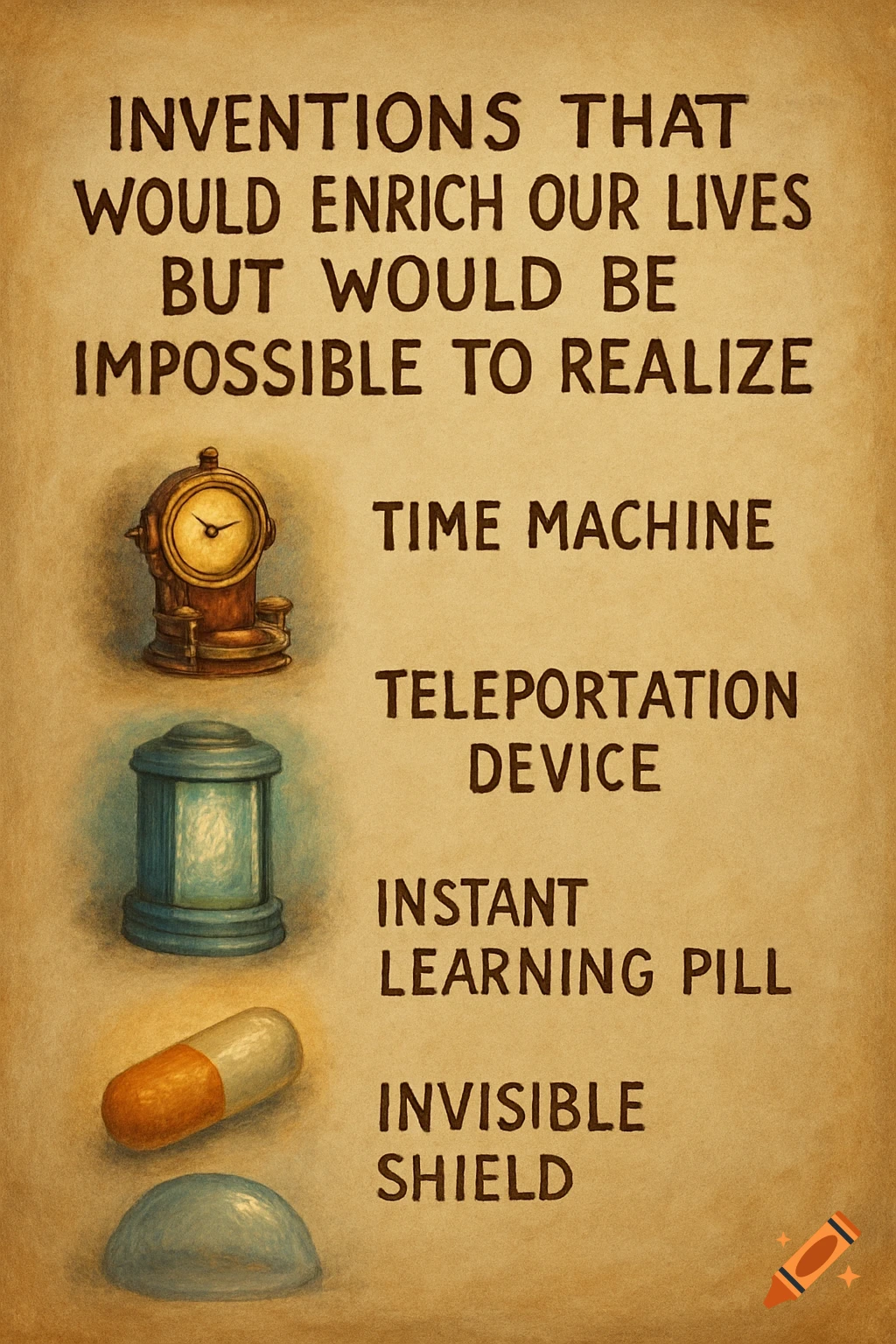 Vintage illustration listing impossible inventions: Time Machine ...