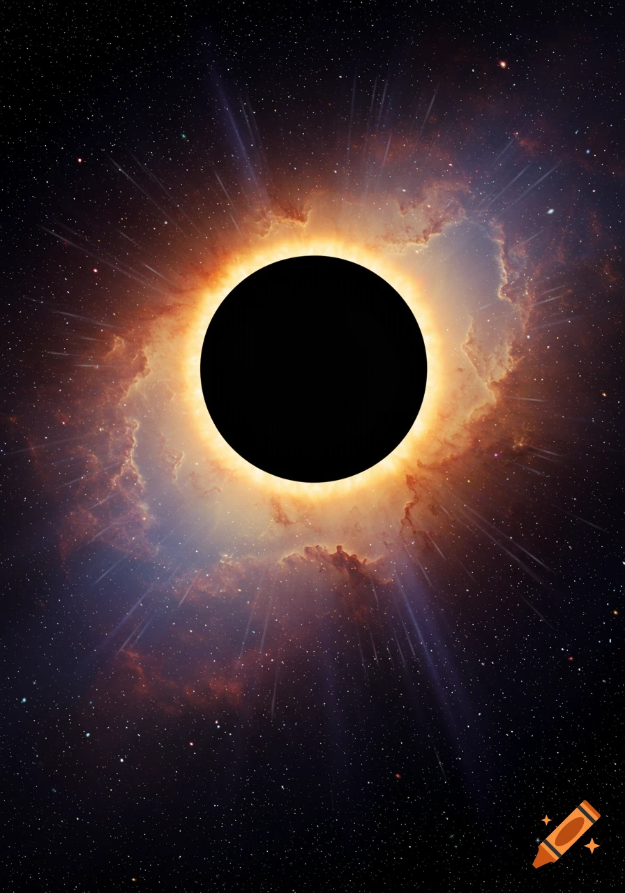A solar eclipse with a bright corona and rays of light in space. on Craiyon