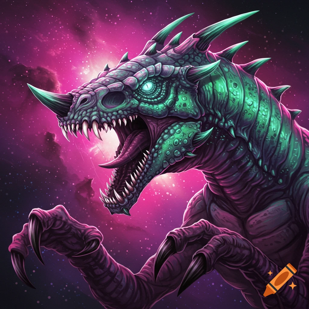 A stylized alien dinosaur creature with sharp claws and teeth against a ...
