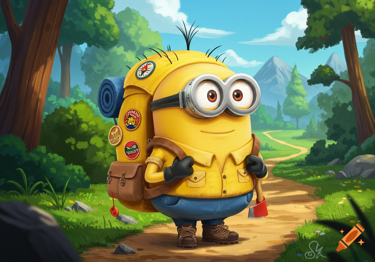 Cartoon minion with backpack and axe on a forest path on Craiyon