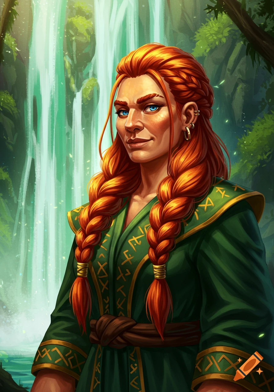Portrait of a red-haired dwarf woman with braided hair in a green robe ...