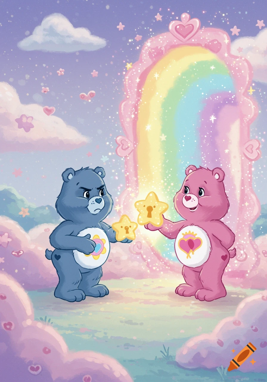 A blue Care Bear and a pink Care Bear stand in a magical landscape with ...
