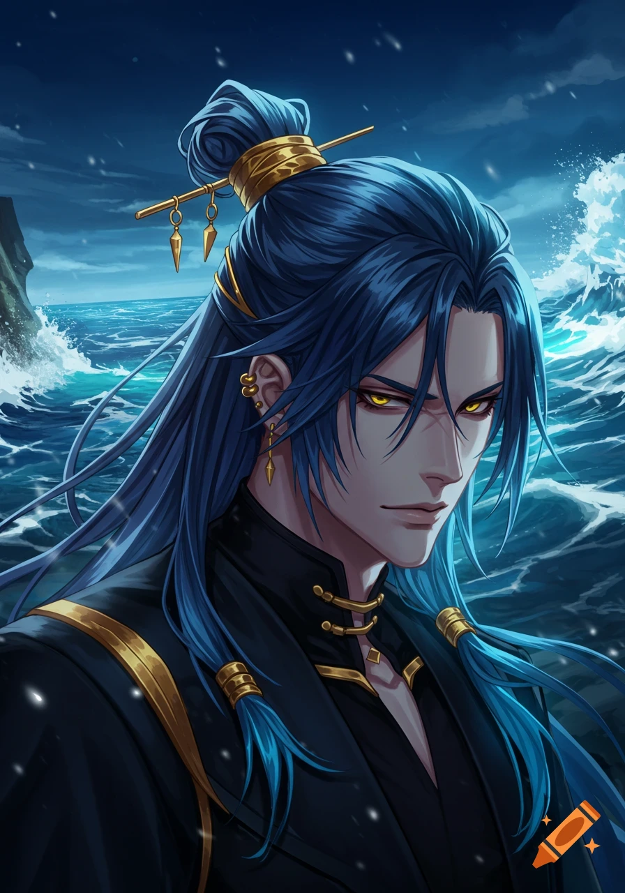 Anime-style portrait of a male character with long blue hair by the ...