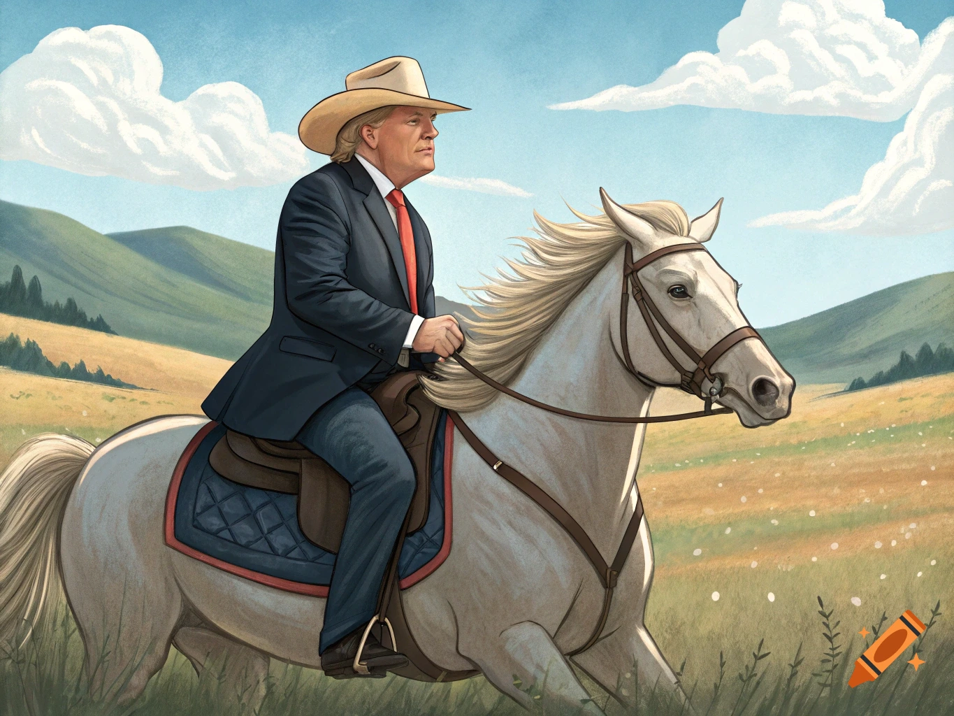 Illustration of Donald Trump in a suit and cowboy hat riding a white ...