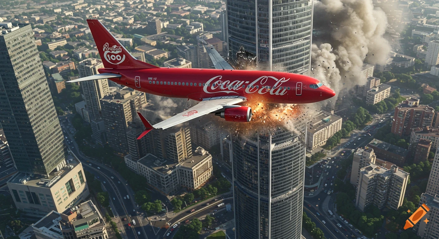 Red Coca-Cola airplane crashes into skyscraper in urban skyline. on Craiyon