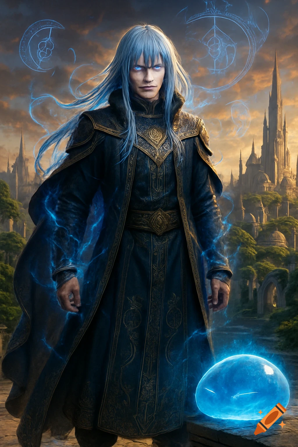 A man with blue hair and glowing eyes in a fantasy coat stands before a ...